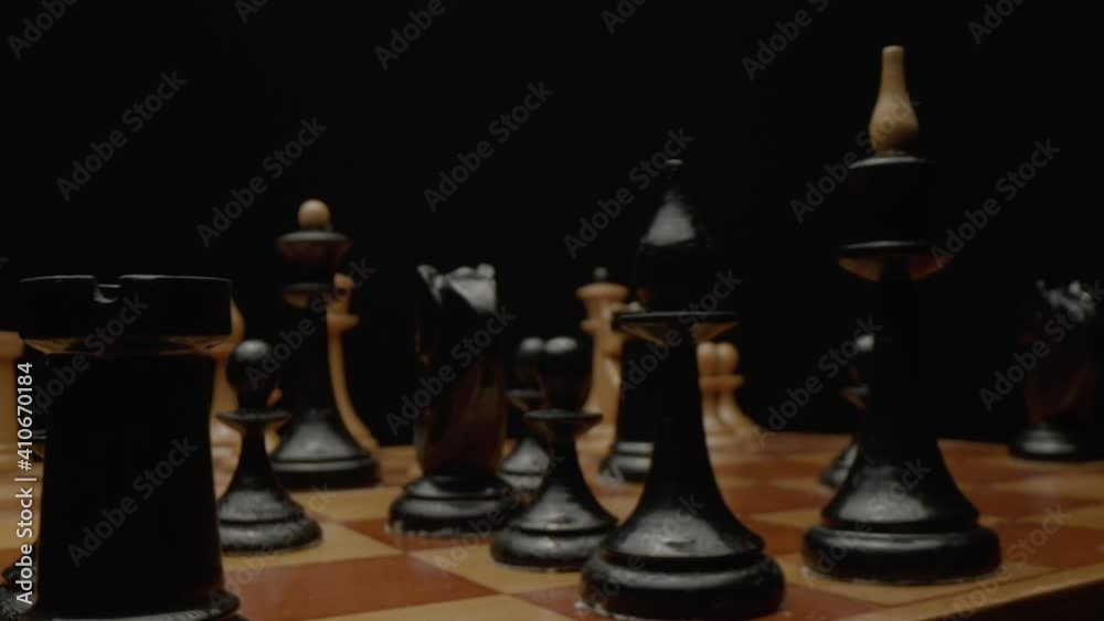 Close-up chess game. Wood chess pieces preparing before game on chess ...