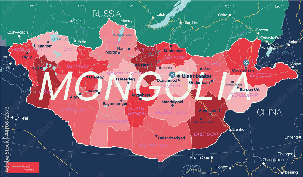 Mongolia country detailed editable map with regions cities and towns ...