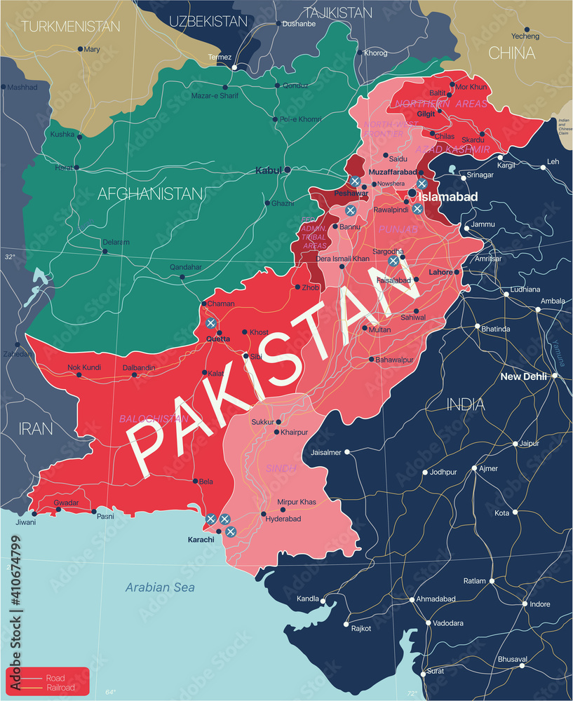 Pakistan country detailed editable map with regions cities and towns ...