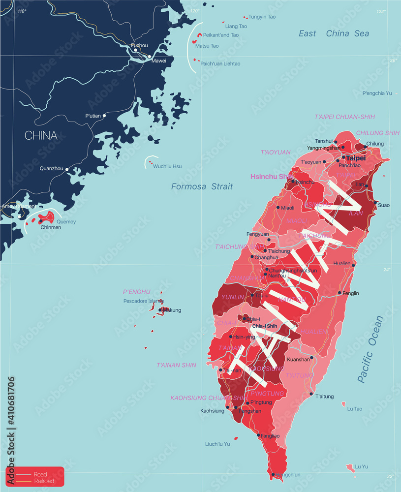 Taiwan detailed editable map with regions cities and towns, roads and ...