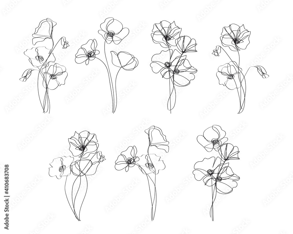 Continuous Line Drawing Set Of Poppy Flowers Black Sketch Isolated On