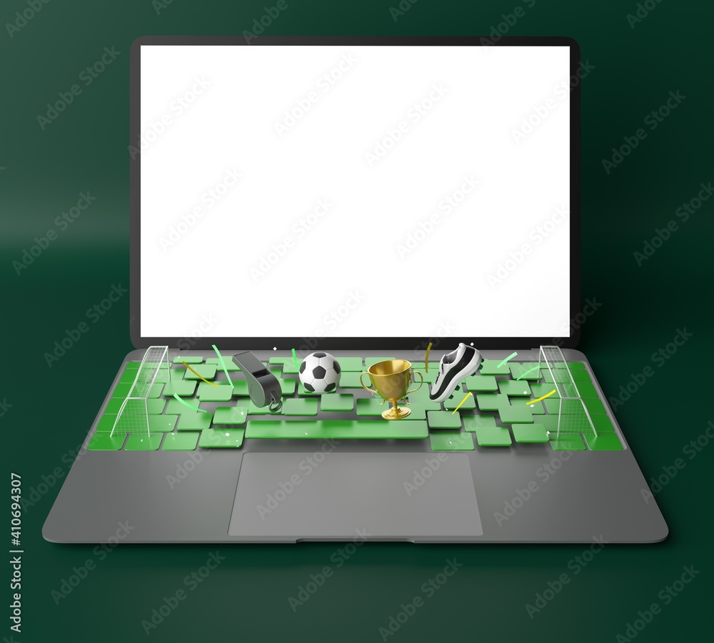 football concept with white screen laptop template mockup. 3d ...