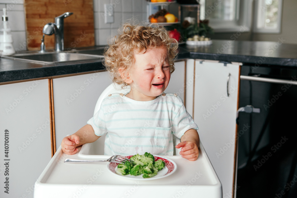 Crying Caucasian kid boy sitting in high chair with broccoli on plate ...