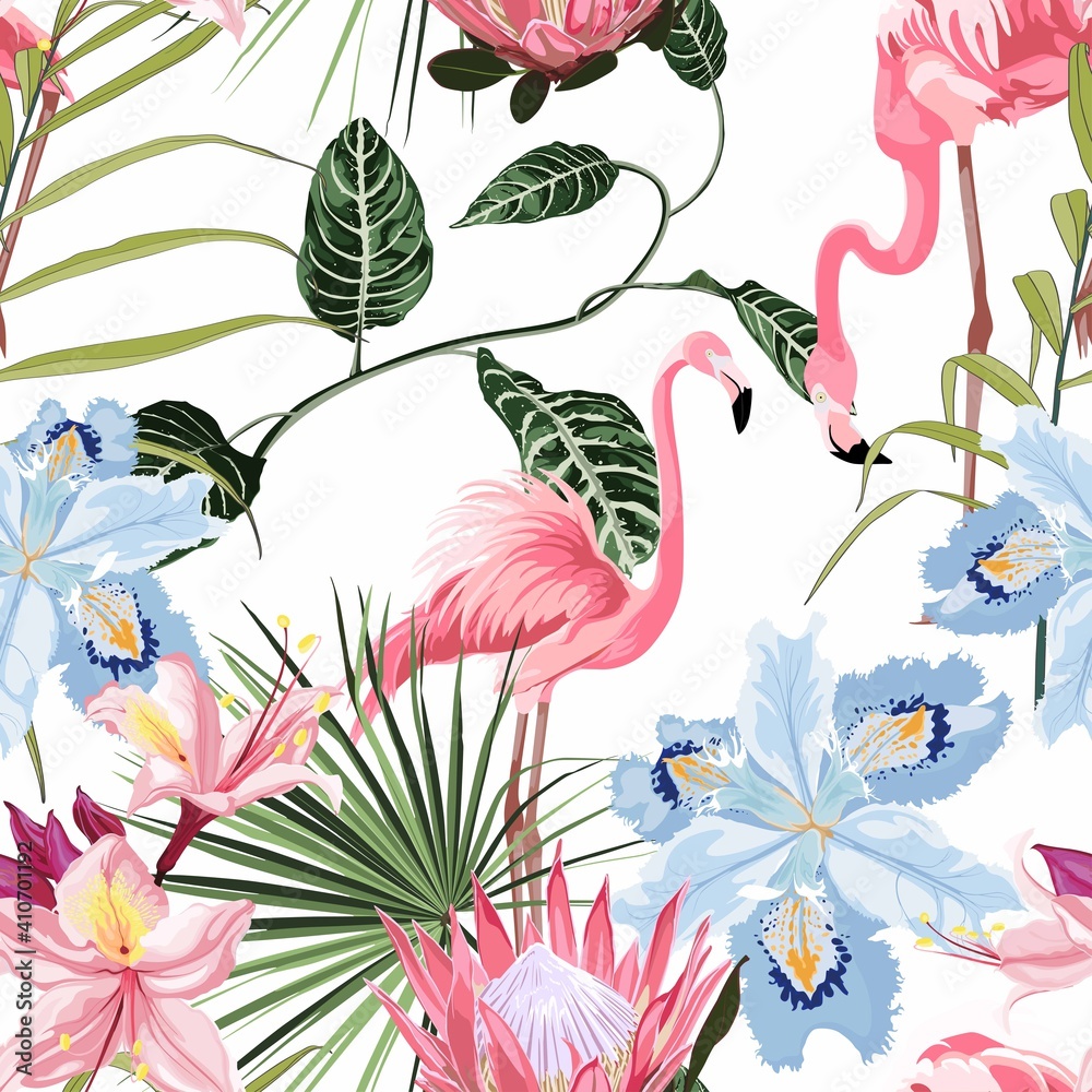 Pink flamingo and exotic flowers, palm leaves on white background ...