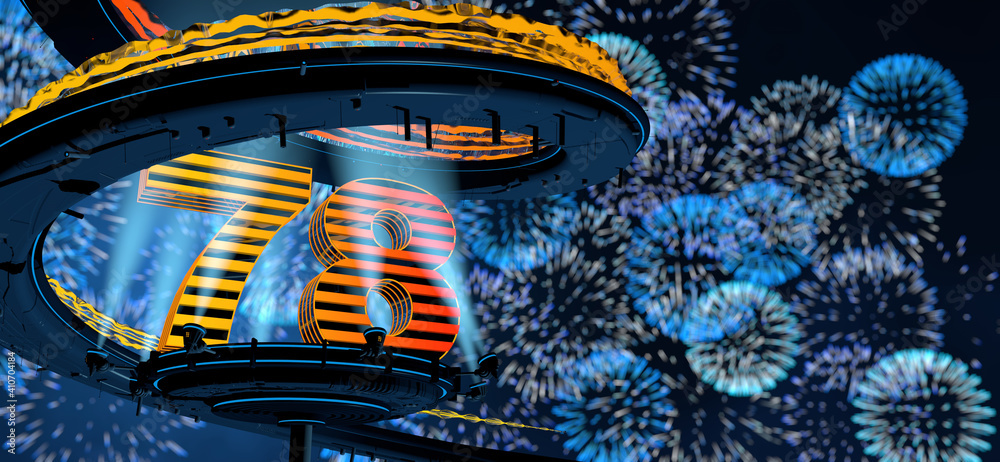 Number 78 formed by a yellow structure on a round metal platform ...