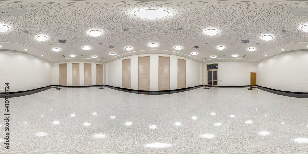 Empty room with blinds on panoramic windows. full seamless spherical ...