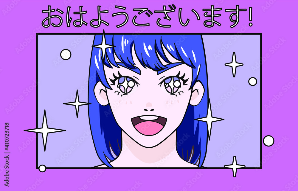 Harajuku style anime girl. Page of the manga comics book with smiling ...