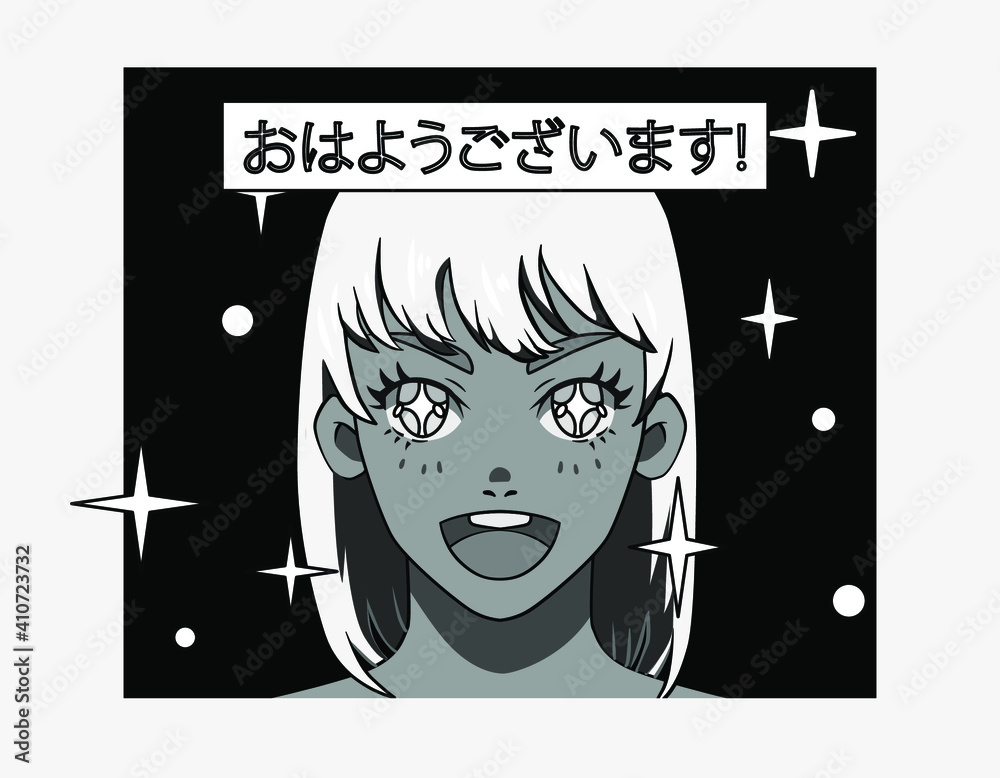 Harajuku style anime girl. Page of the manga comics book with smiling ...
