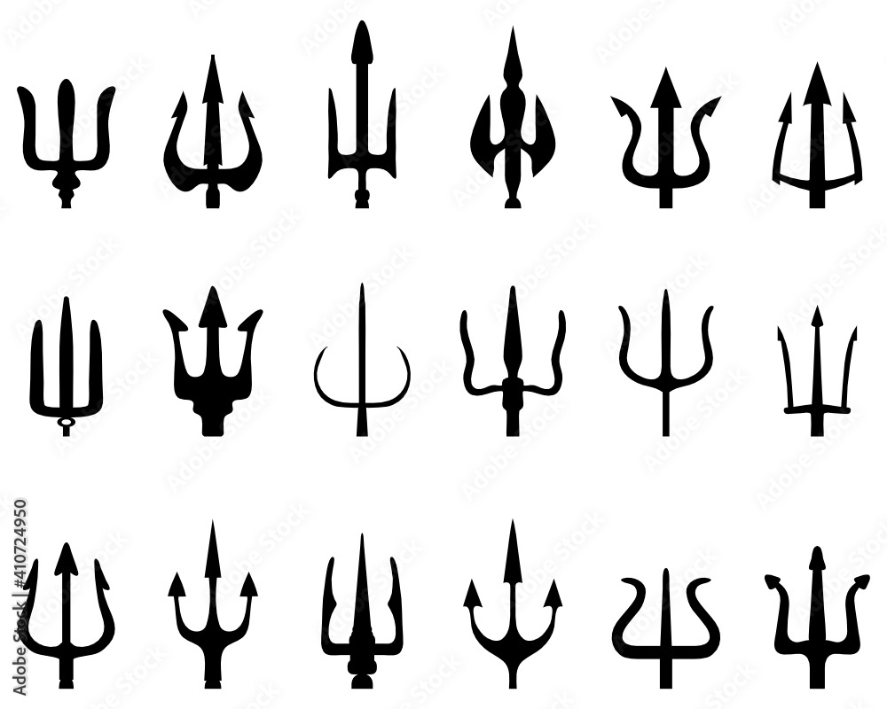 SVG Set of black silhouettes of trident on a white background Stock ...