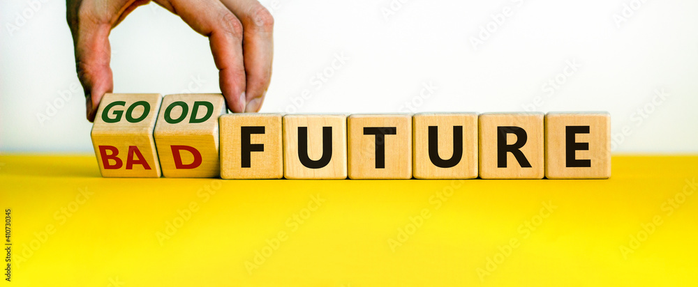 Good or bad future symbol. Businessman turns wooden cubes and changes ...