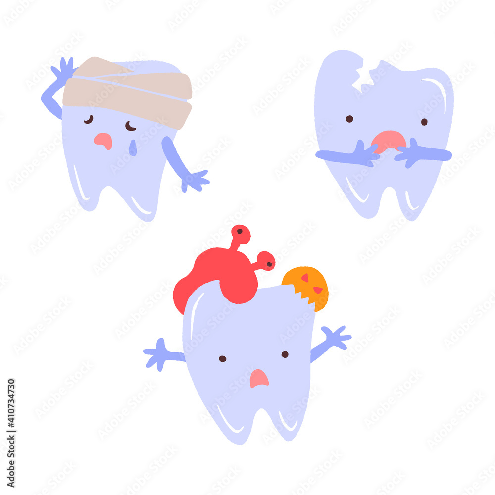 Cute tooth set. Hand drawn cartoon characters with different emotions ...