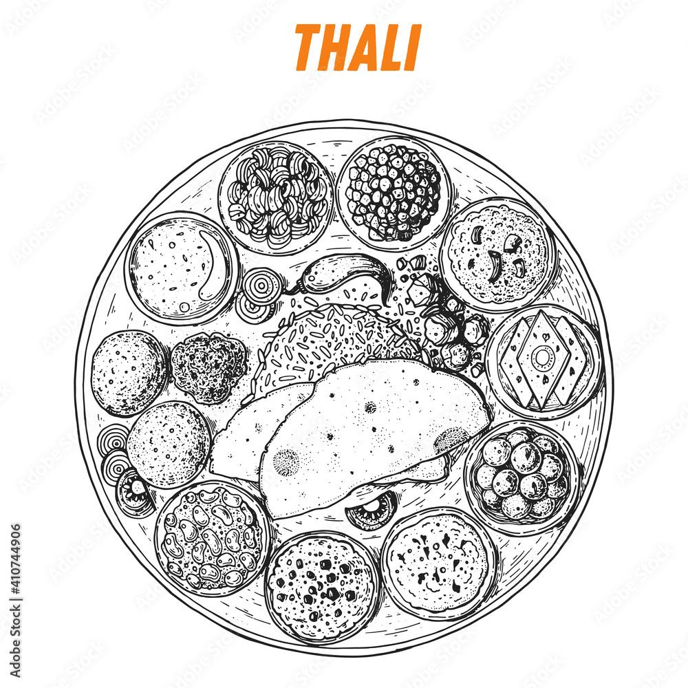 Indian thali sketch, Indian food. Hand drawn vector illustration ...