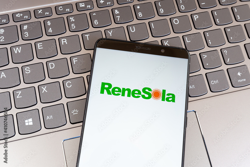Toronto, Canada - February 1, 2021: ReneSola logo on smartphone screen on keyboard. ReneSola is ...
