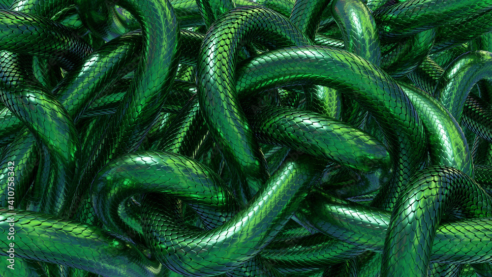 Tangled snakes with green metallic scales. Fantasy background. 3D ...