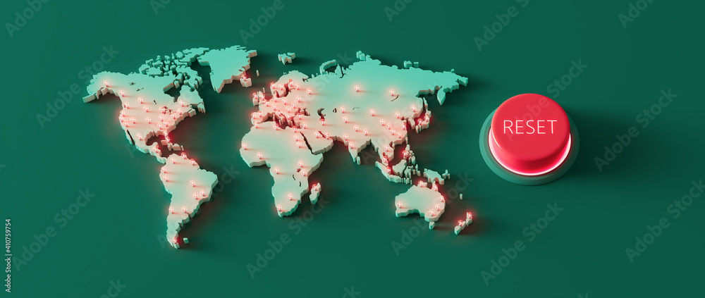 Poster World map with global reset button 3d render 3d illustration ...