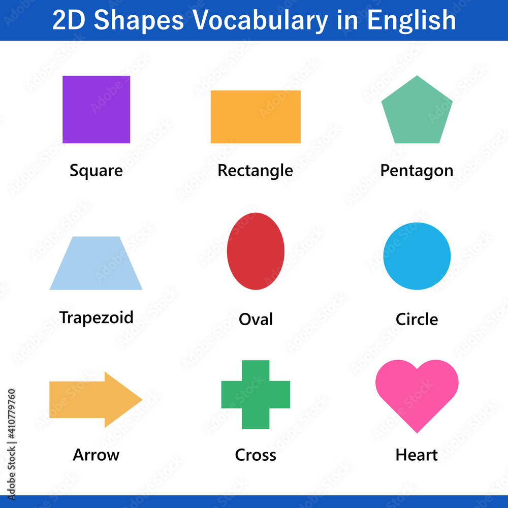 set of 2D shapes vocabulary in english with their name clip art ...
