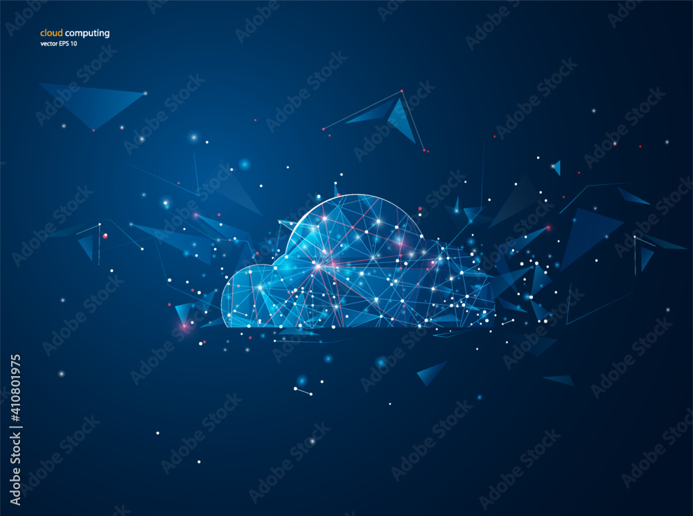 Cloud computing online storage low poly. Blue glowing global file exchange available background ...
