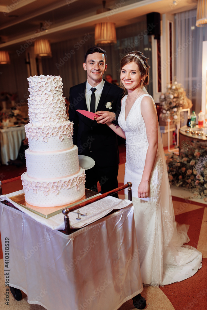 bride and groom holding hands cut a huge wedding cake. white five-layer ...