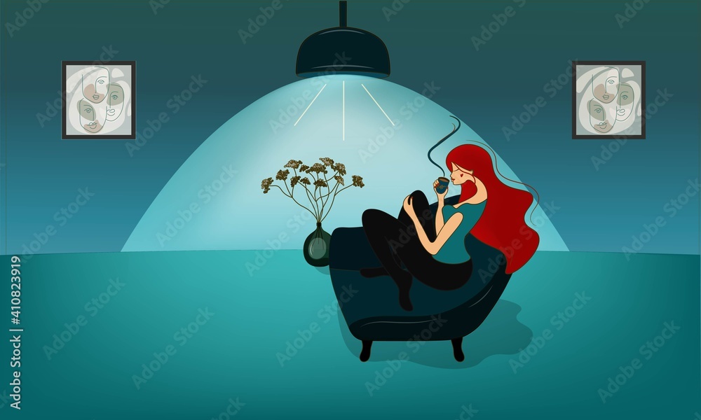 A cute girl sits in a comfortable chair and drinks coffee. Green, cozy ...