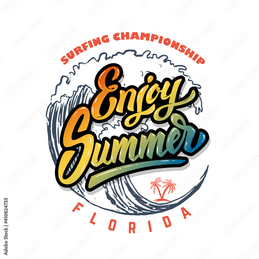 Enjoy summer. Emblem template with sea waves and palms. Design element ...