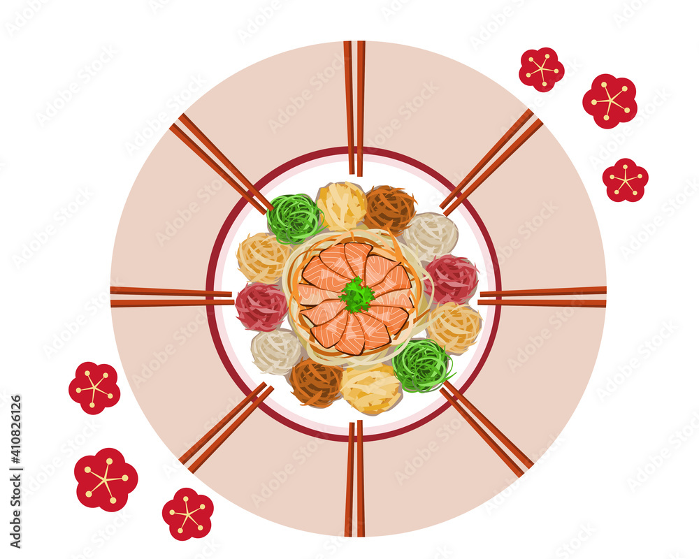 Yu Sheng, prosperity fish raw salad with chopsticks on a table top view ...