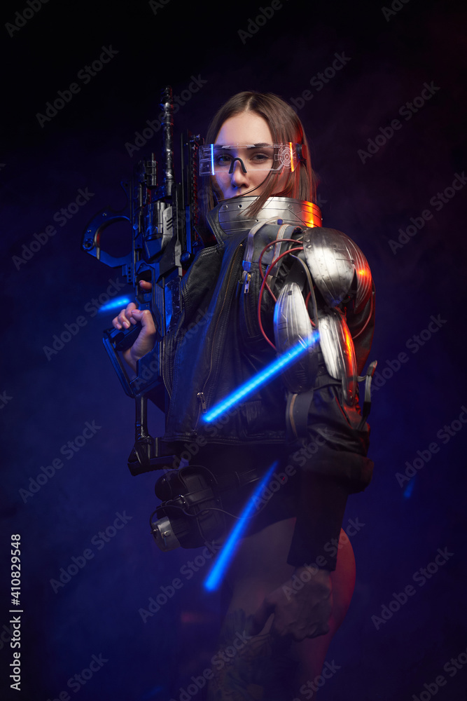 Cyberpunk portrait of a female mercenary staying in dark background and ...
