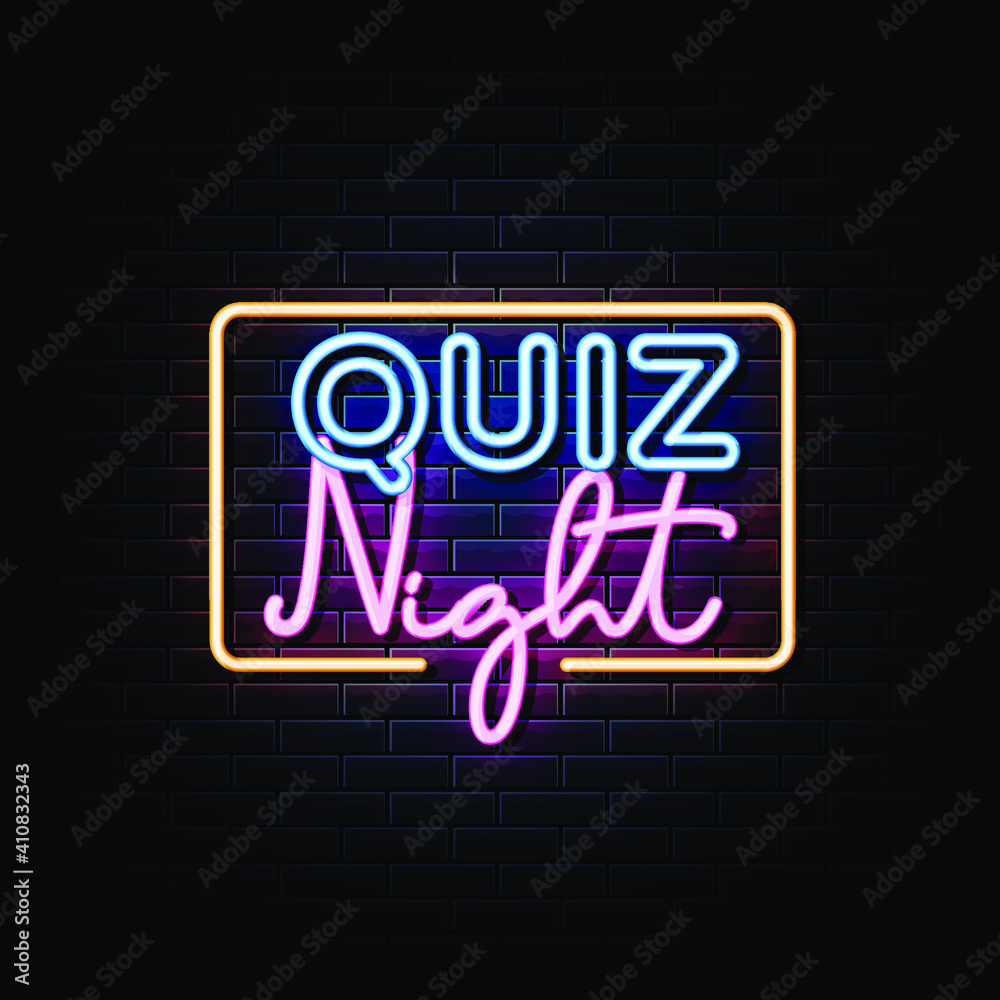 Quiz night announcement poster vector design template. Quiz night neon ...