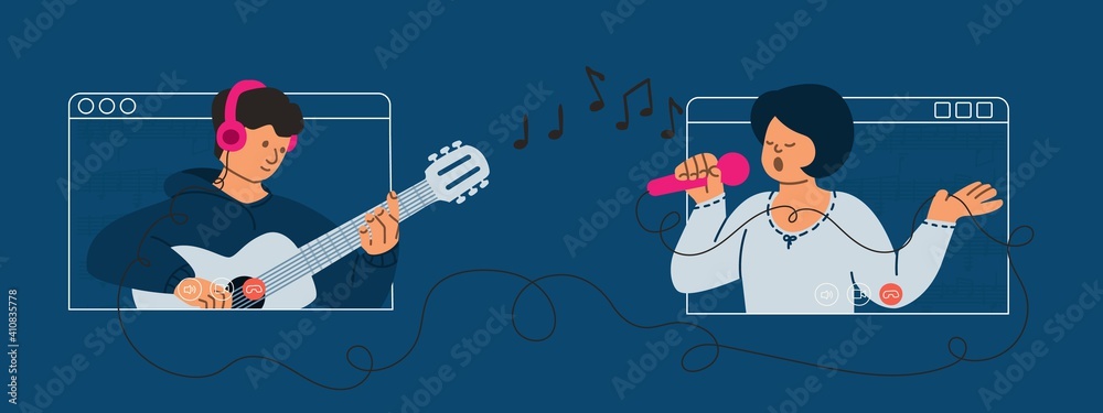 Girl singer and guy guitarist make a video call. Online concert. The ...