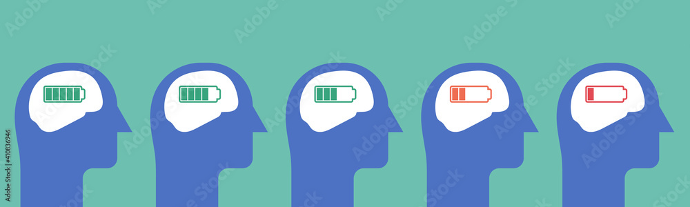 human heads with full green, low orange, and empty red battery level ...