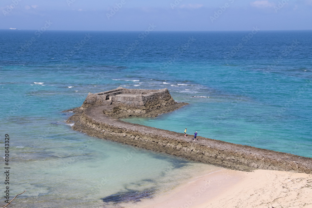 Historical relic site of old stone causeway to the "gusuku" (stone ...