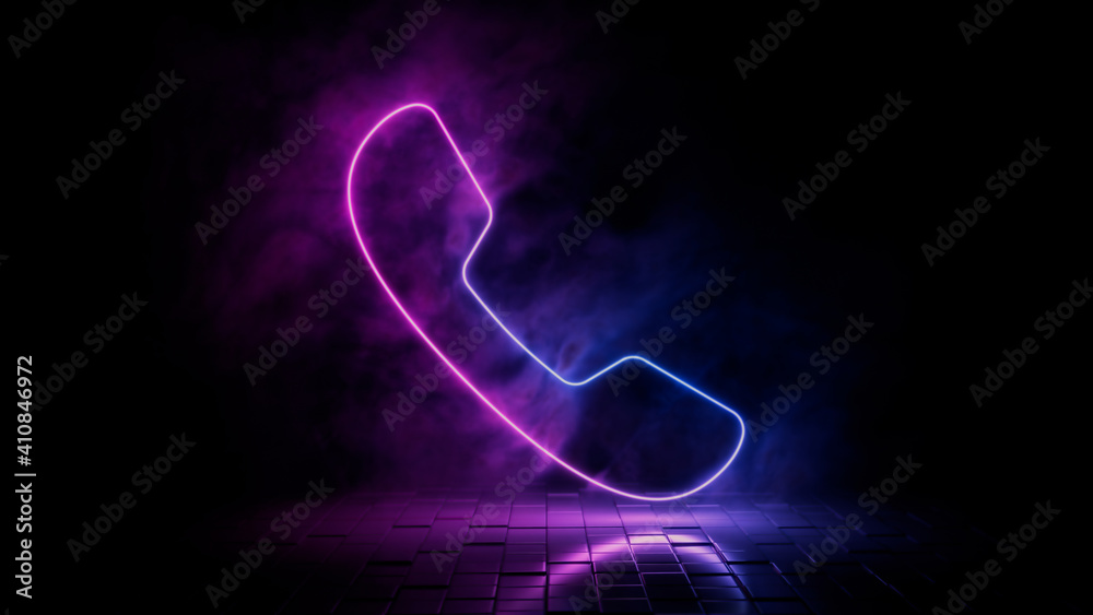 Pink and blue neon light phone icon. Vibrant colored communication ...