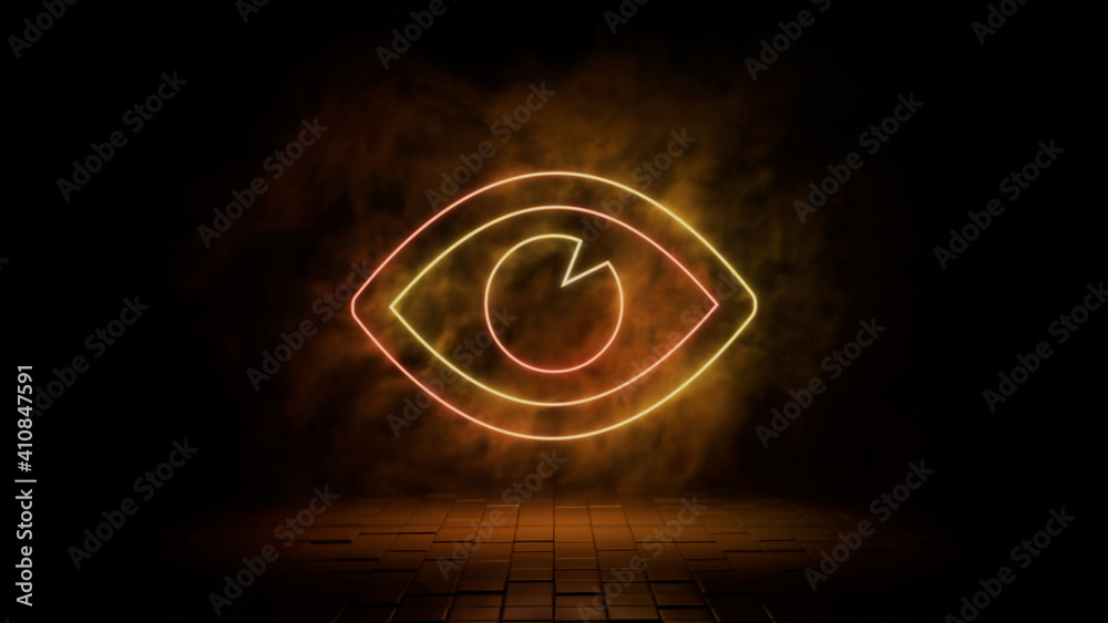 Orange and yellow neon light eye icon. Vibrant colored technology ...