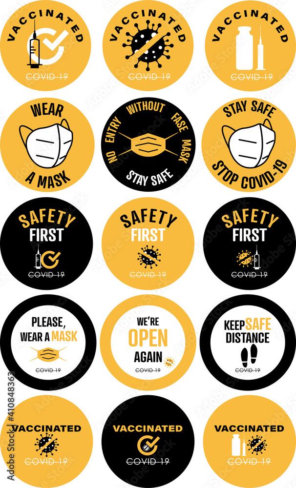 Covid-19 set. Vaccinated Stamps. Stay safe logo. Wear a mask. Keep safe ...