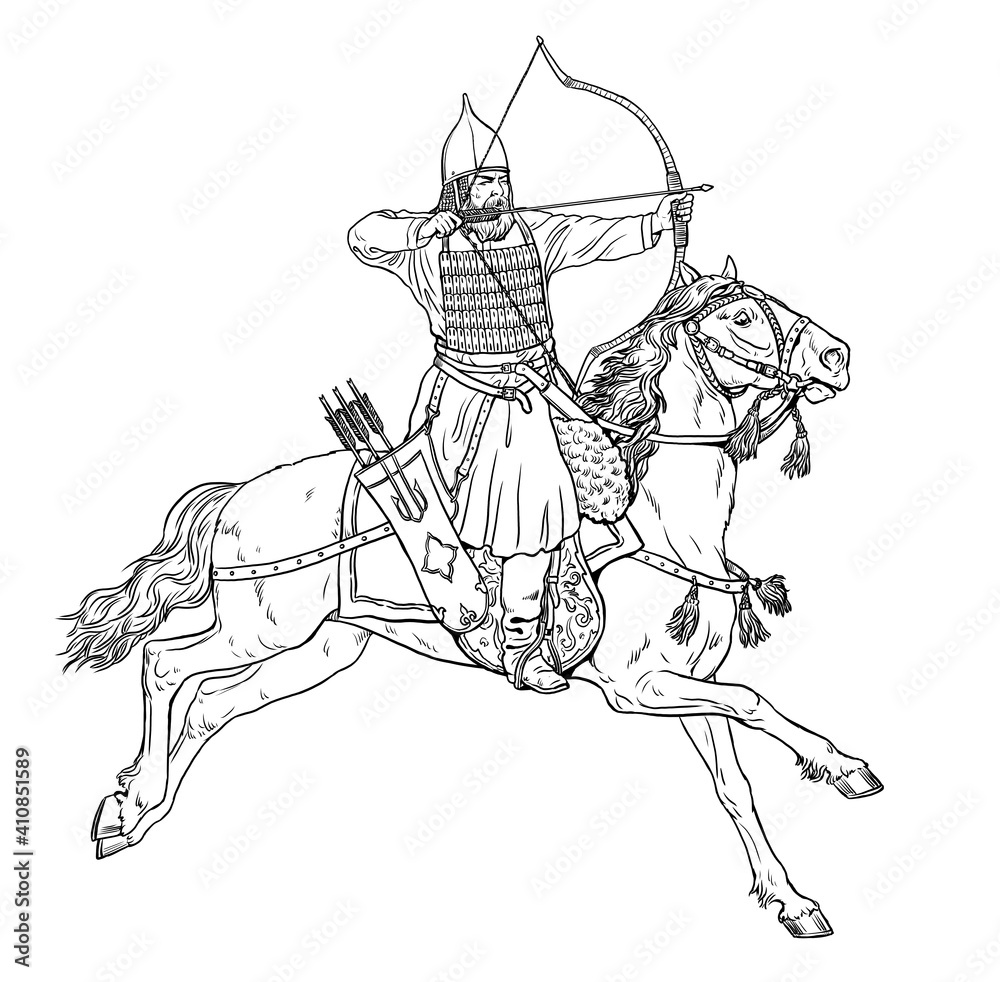 Mounted knight. Mounted asian archer at the Battle. Digital drawing ...
