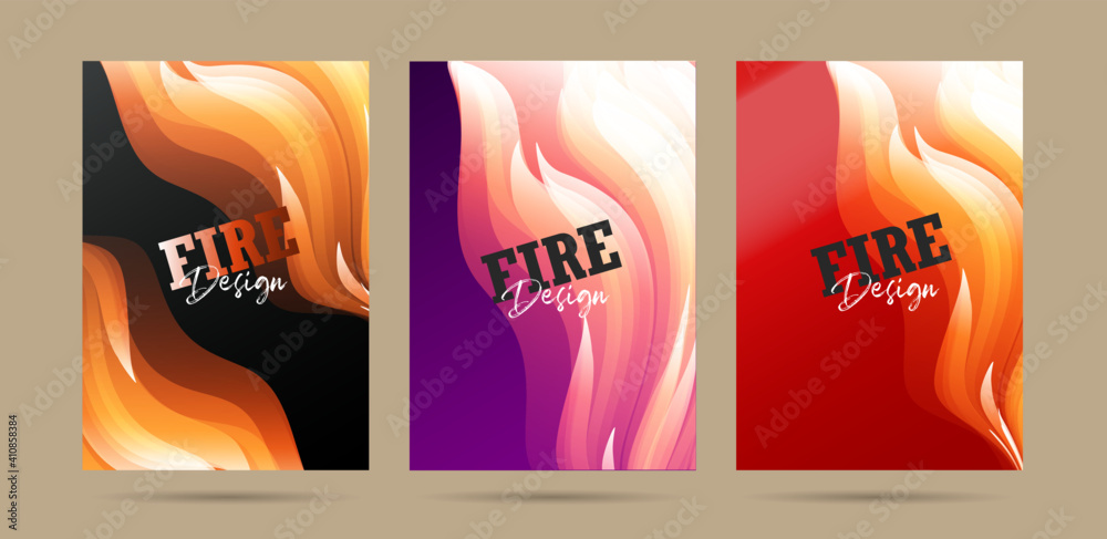 Set of posters with fire abstract graphic forms, fire protection promo ...