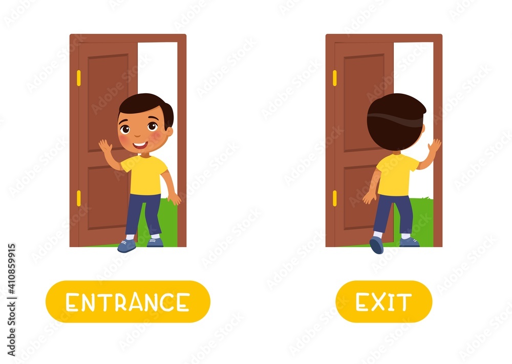 Entrance and exit word card, Opposites concept. Flashcard for English ...