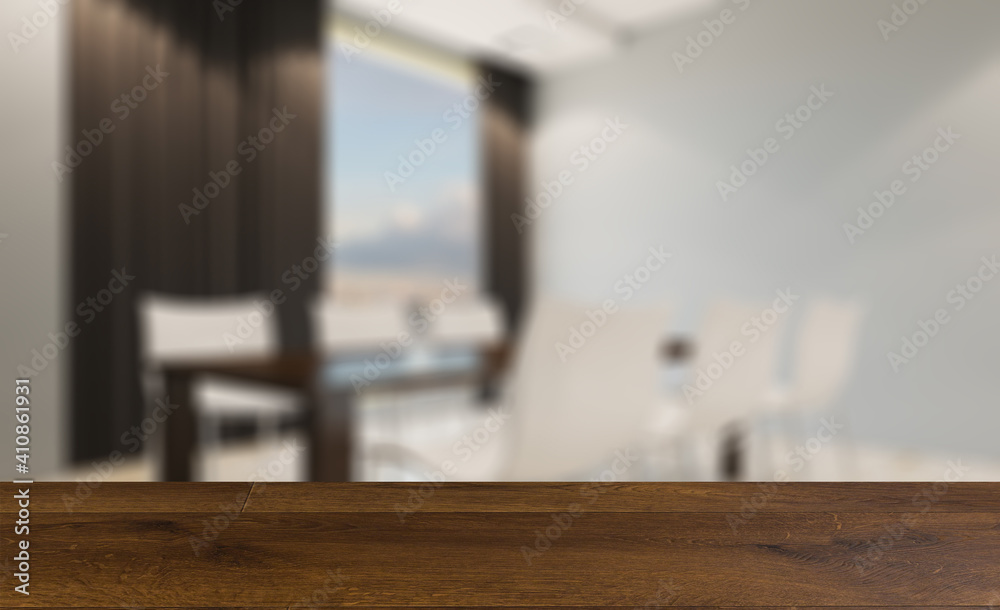 Background with empty table. Flooring. Open space office interior with ...