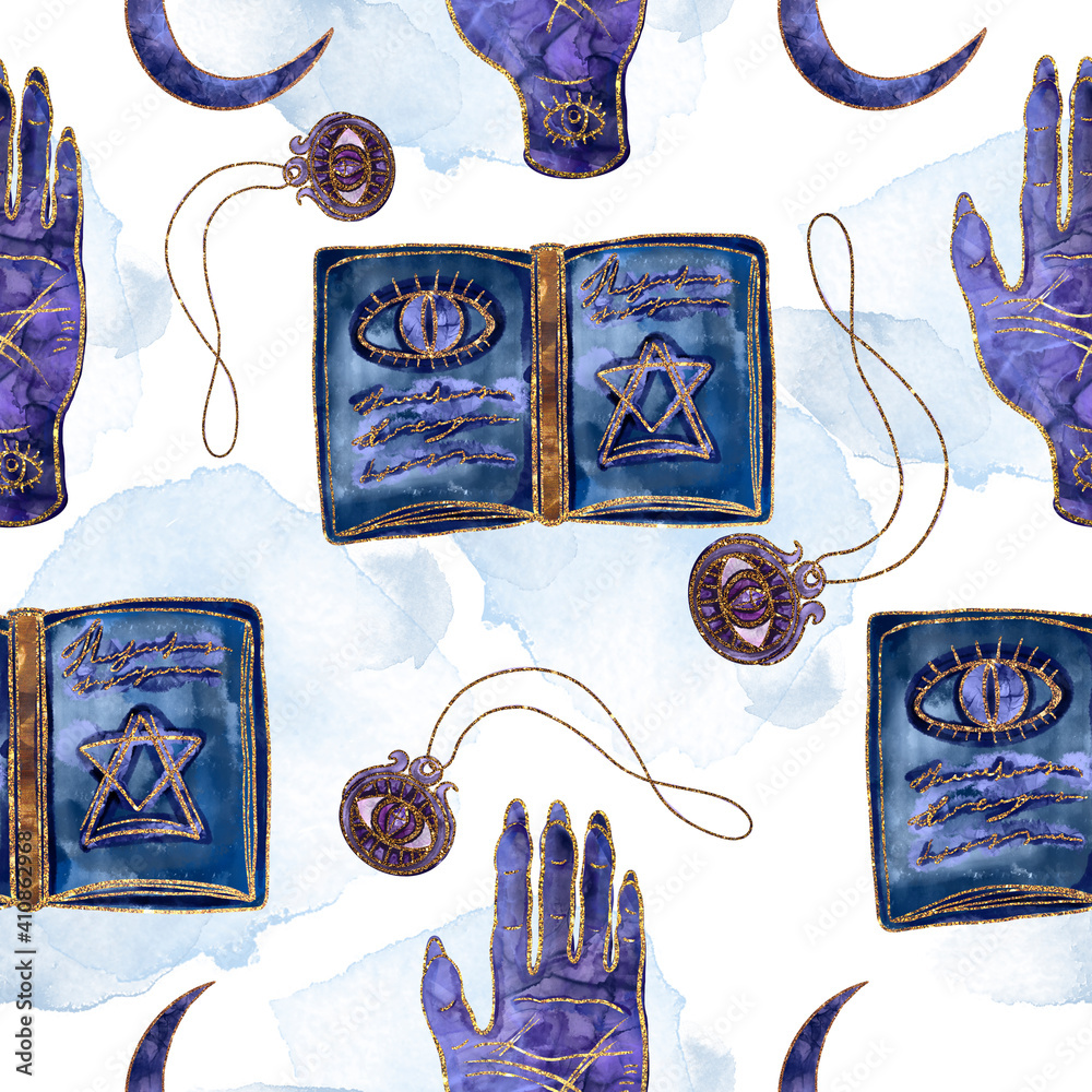 Magic, occult watercolor seamless pattern. Hand drawn blue, purple and ...