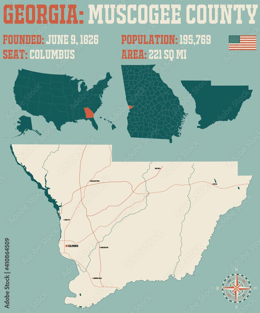 Large and detailed map of Muscogee county in Georgia, USA. Stock Vector ...
