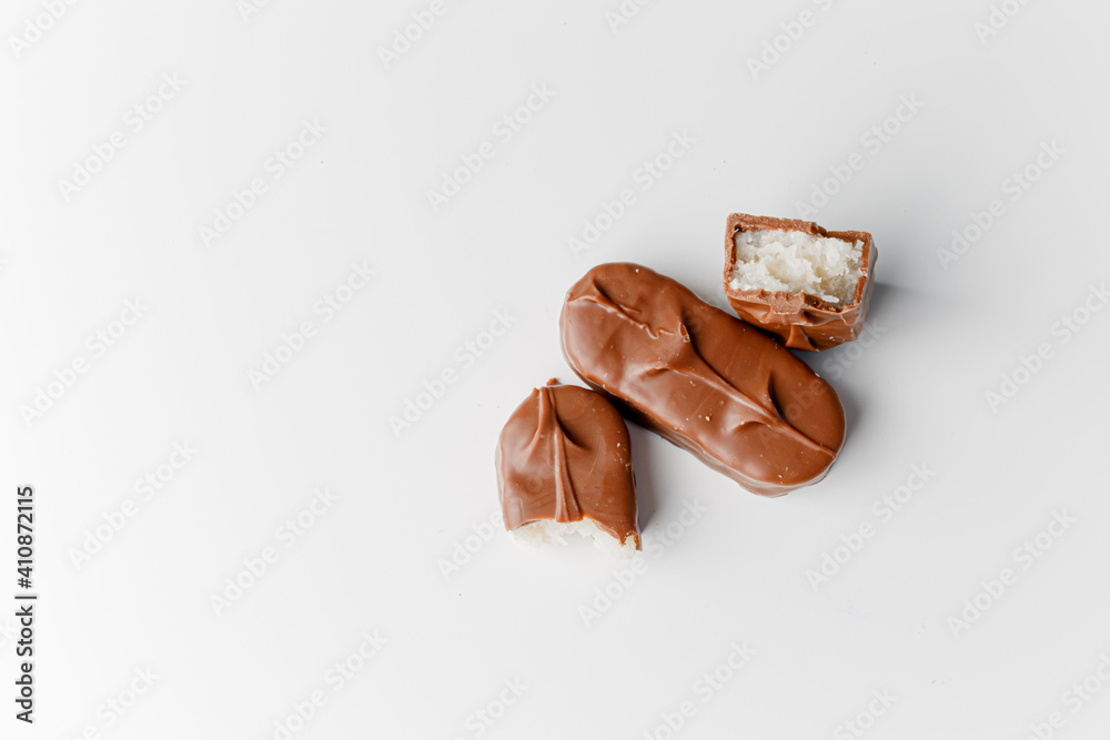 Delicious chocolate bars with nuts close up. Chocolate candy bar Bounty ...