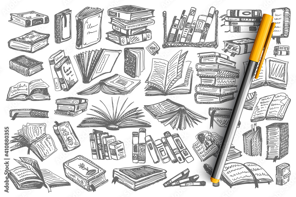 Books doodle set. Collection of book covers and pages of educational ...