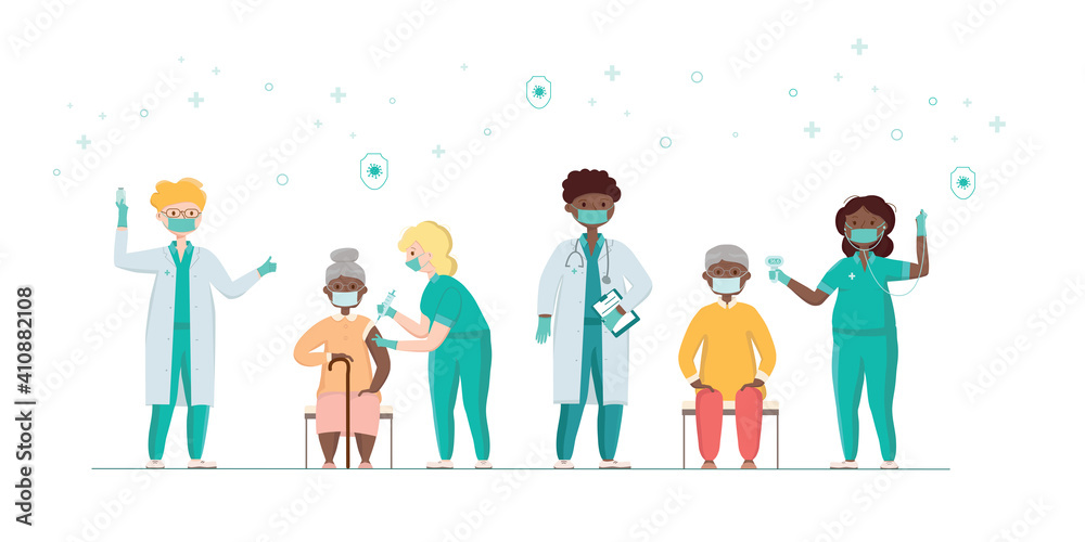 Covid-19, coronavirus people vaccination poster. Elderly man, woman got ...