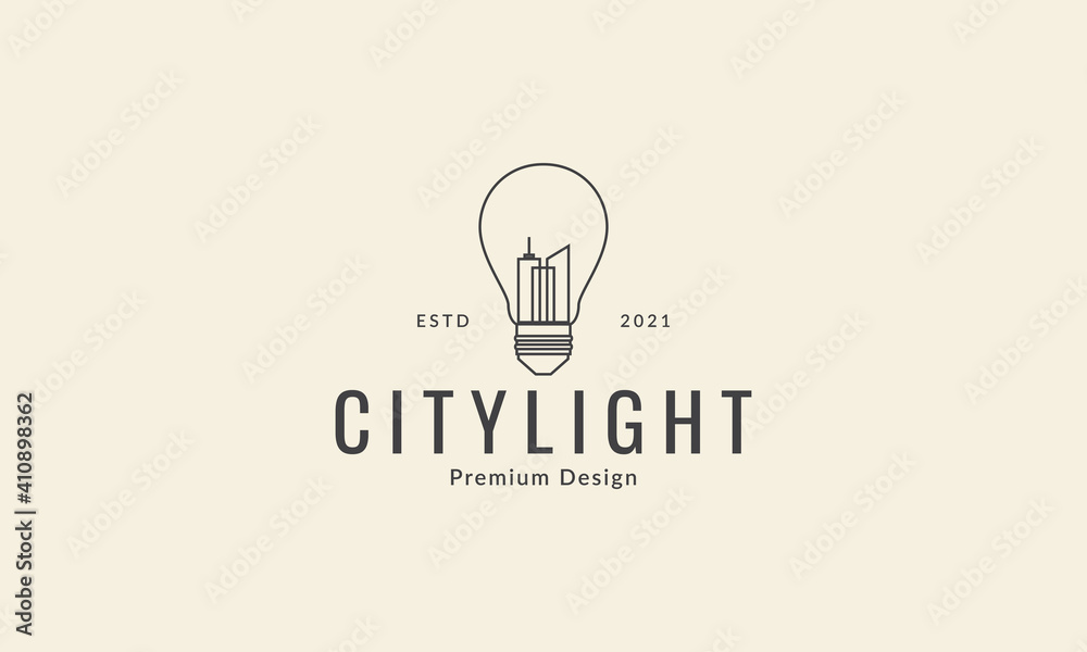 lamp light ideas with city building lines logo vector icon symbol ...