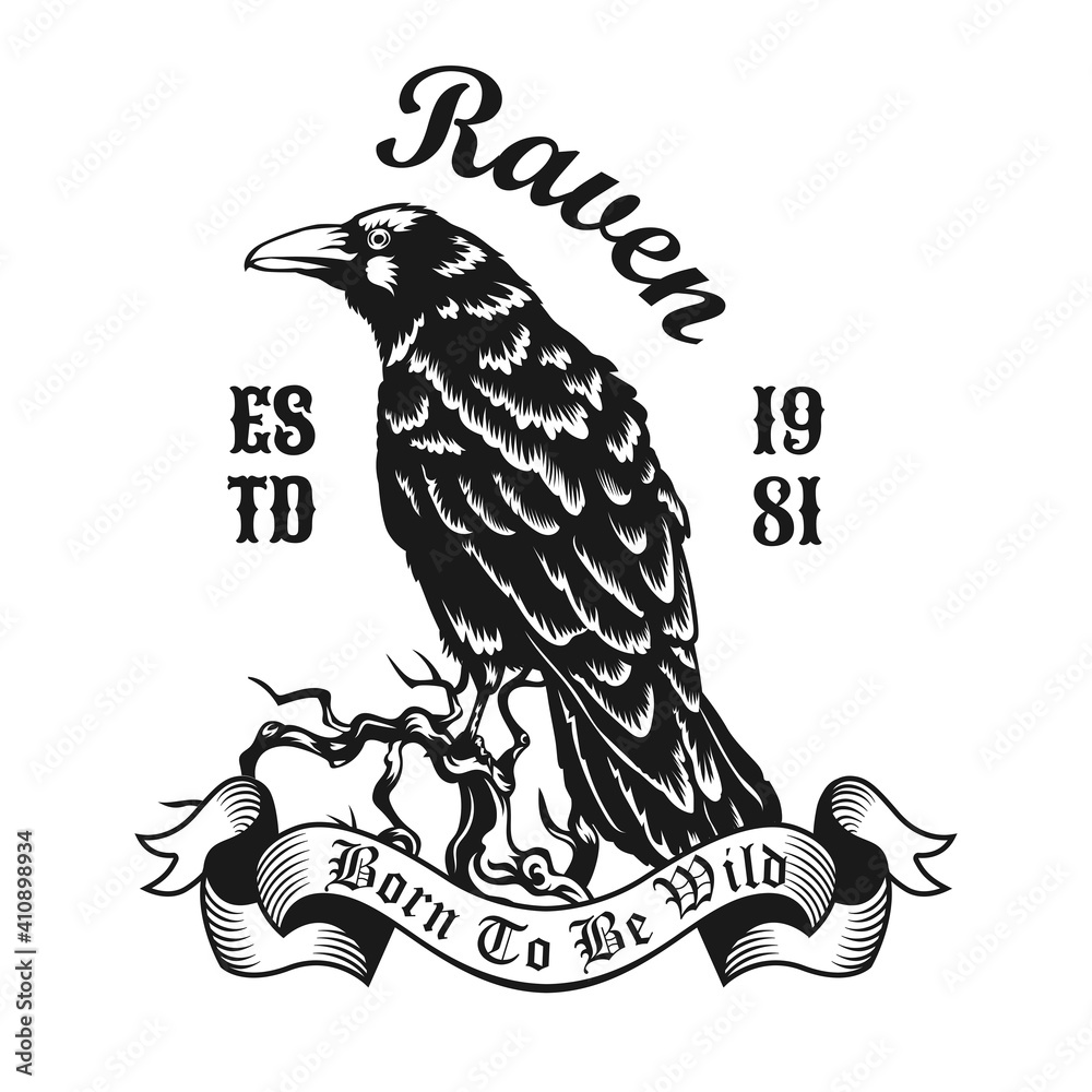 Vetor de Wild raven emblem design. Monochrome element with crow on tree ...