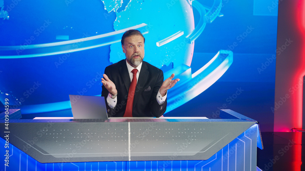 Live News Studio with Handsome Male Newscaster Reporting on the Events ...