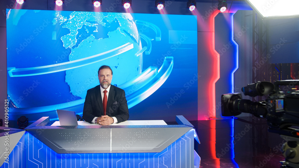Live News Studio with Professional Male Newscaster Reporting on the ...