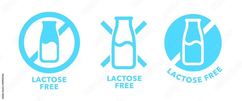 Lactose free icon set. Contains no lactose label for healthy daiy food ...