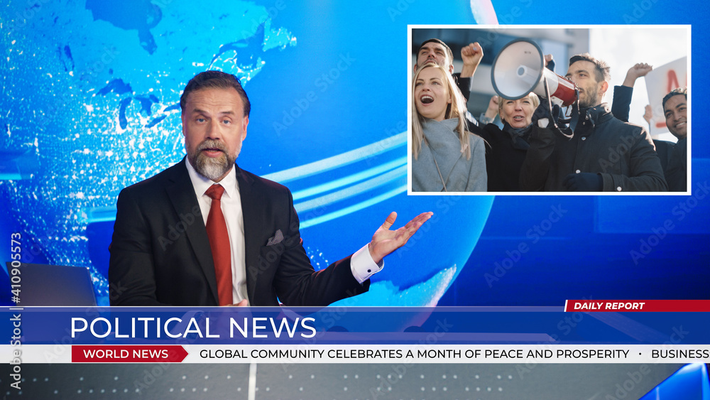 Live News Studio with Male Anchor Reporting on the Protesters March ...