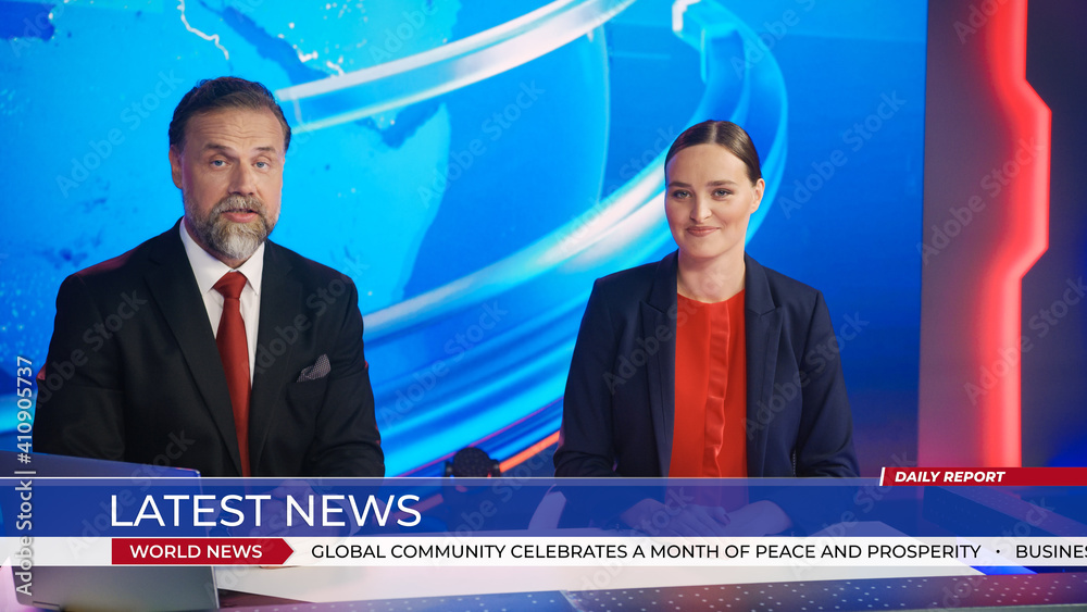 Live News Studio with Beautiful Female and Handsome Man Anchors Start ...