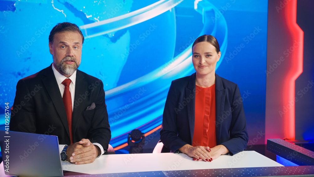 Live News Studio with Beautiful Female and Handsome Man Anchors Start ...